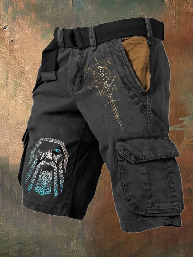Men's Vintage Distressed Viking Sons of Odin Multi-Pocket Cargo Shorts