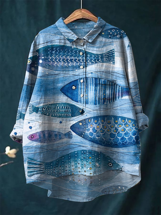 Women's Vintage Fish Print Cotton And Linen Shirt