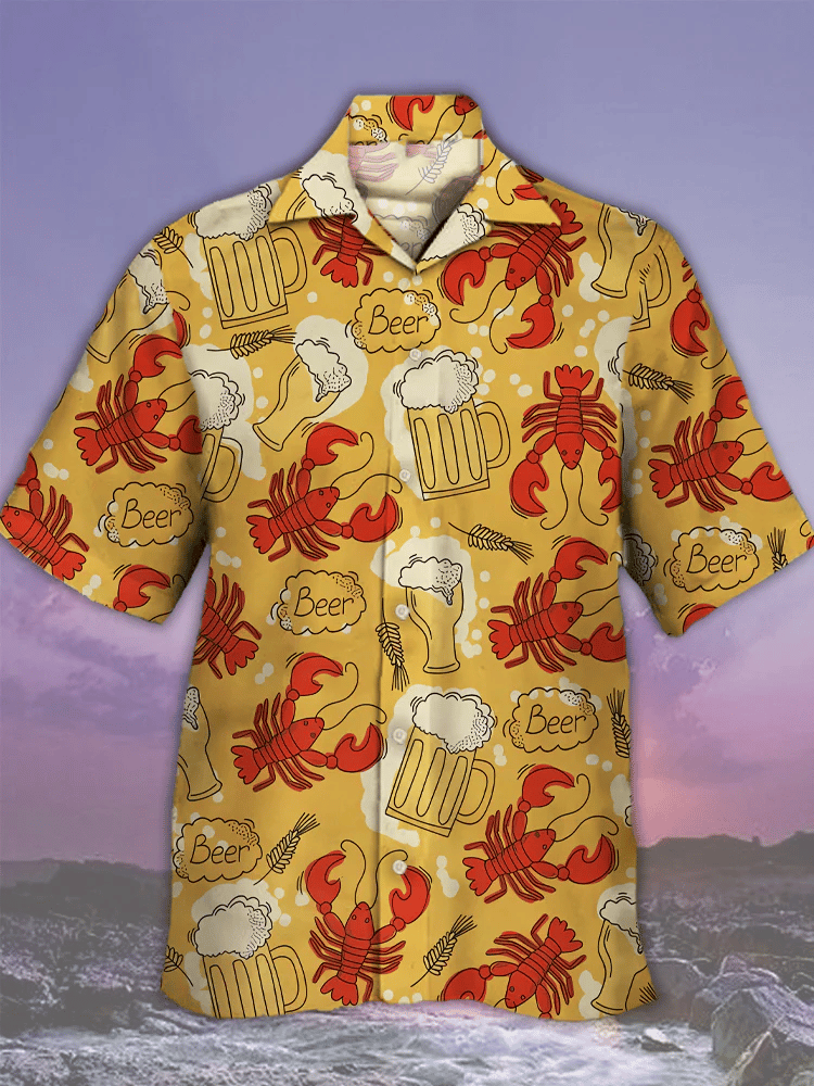 Beach Style Beers And Crawfish Printing Cuban Collar Hawaiian Short ...
