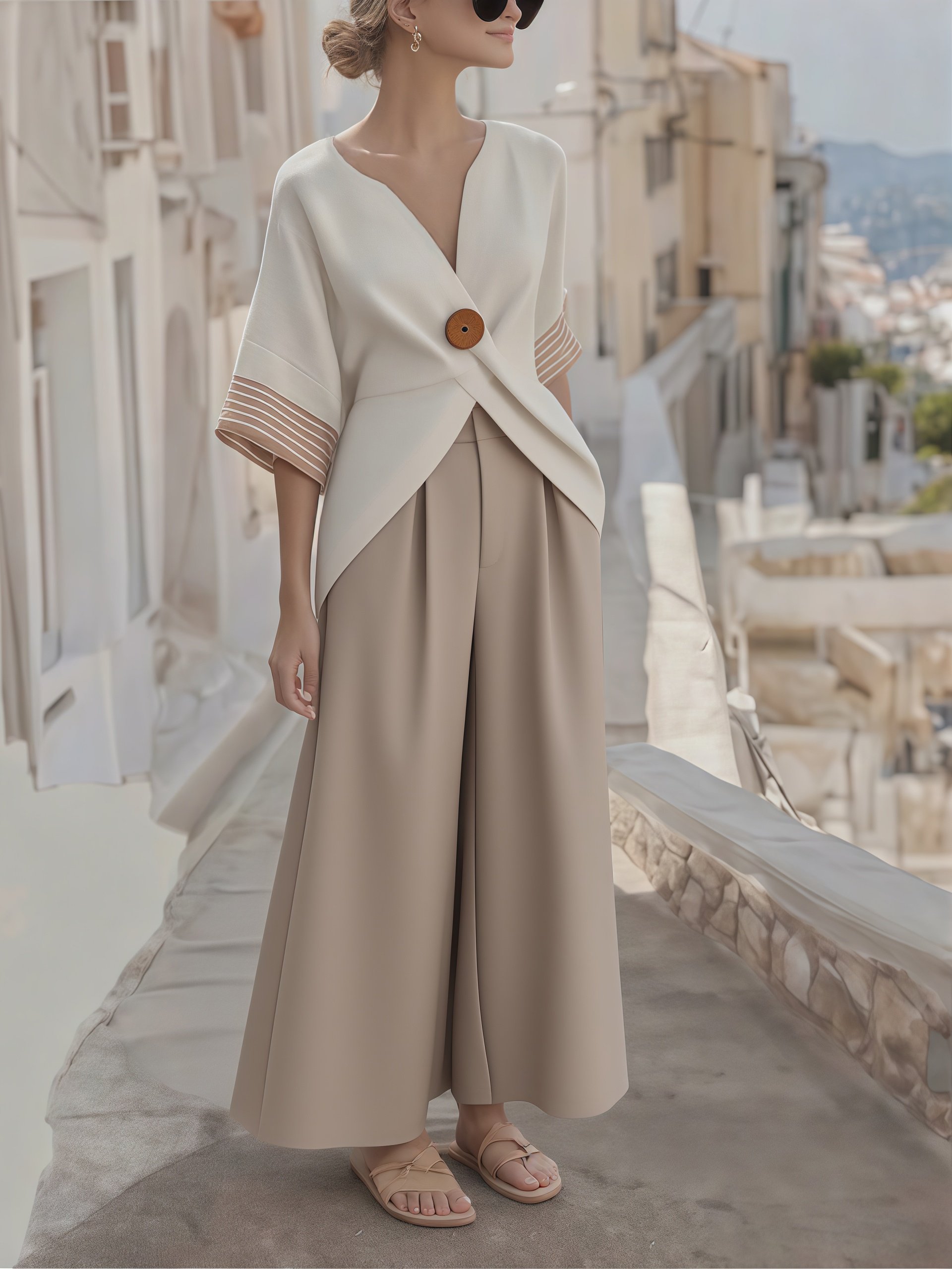 Women's Cotton&Linen Striped Cuff Suit
